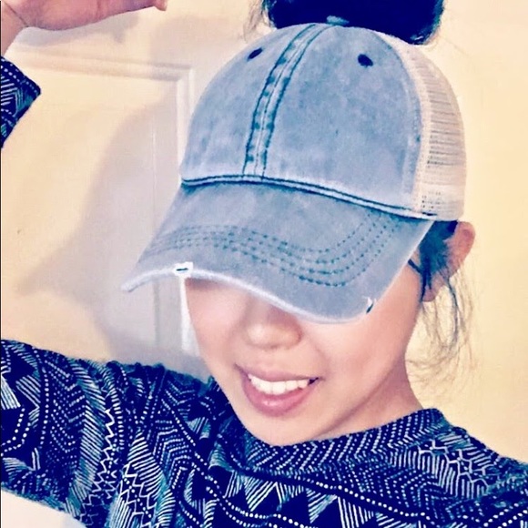 Poshmark: @aesruane | Accessories | Denim Distressed High Ponytail Cap ...